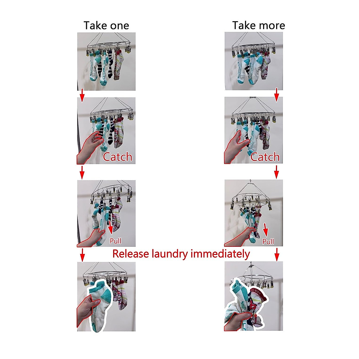 CHERRY GLOBAL Quick Release Arc Stainless Steel Laundry Drying Rack with 12 Clips,Swivel Hook Wind-Proof Clothes Hanger Rack for Sock, Bras, Underwear, Laundry Accessories