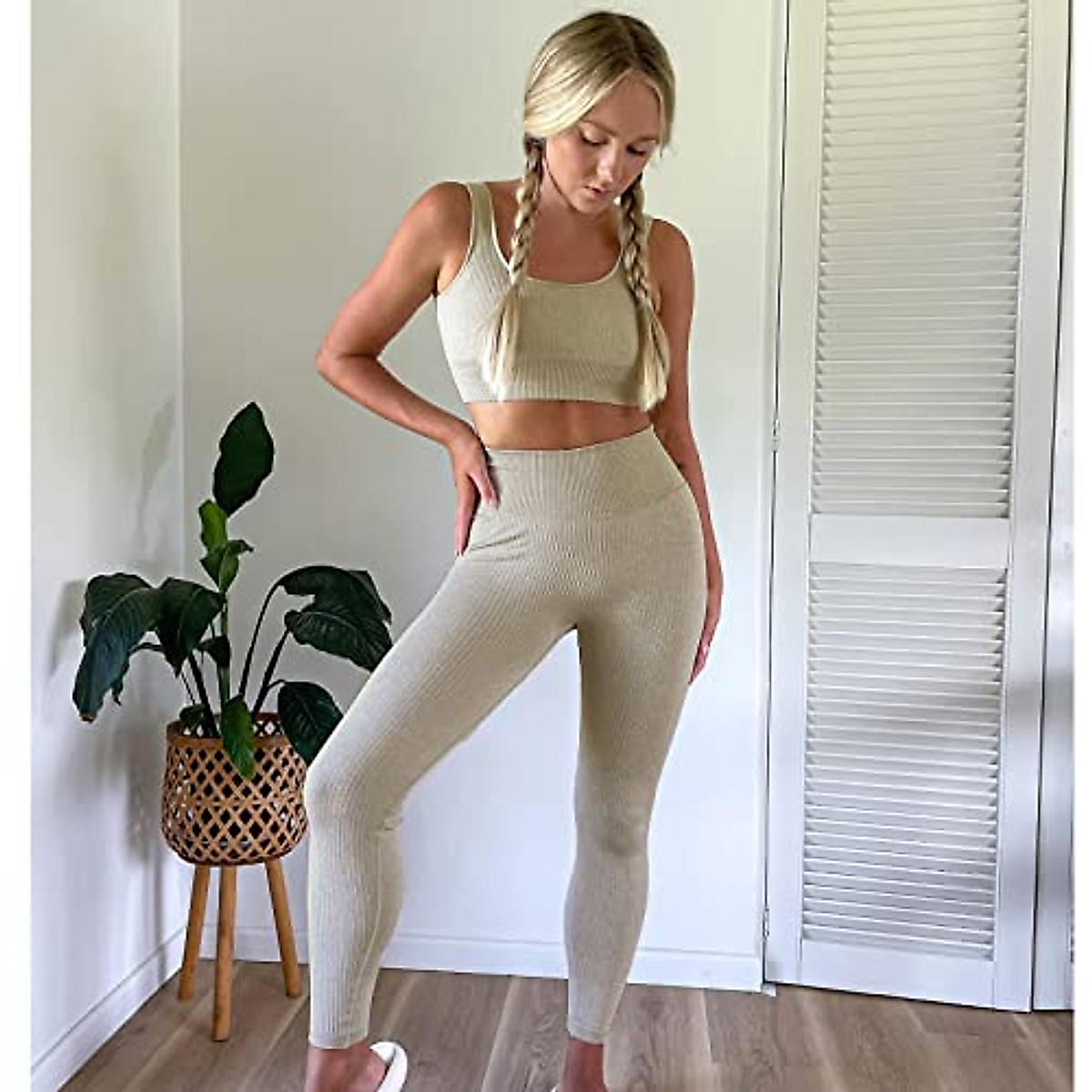 Jetjoy Exercise Outfits for Women 2 Pieces Ribbed Seamless High Waist Yoga Summer Outfits Sports Gym Tracksuits Sweatsuits