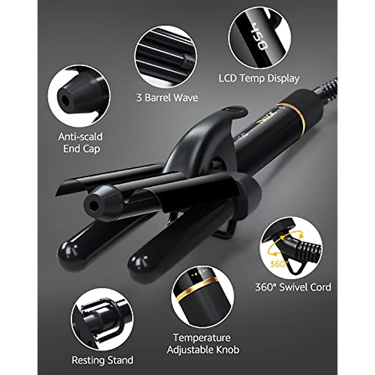 Hair Waver, 3 Barrel Curling Iron for Beachy Waves, Hair Crimper with LCD Temp Display, Ceramic Tourmaline Triple Barrels Curling Wand, Beach Waver Curling Iron with Dual Voltage, Black