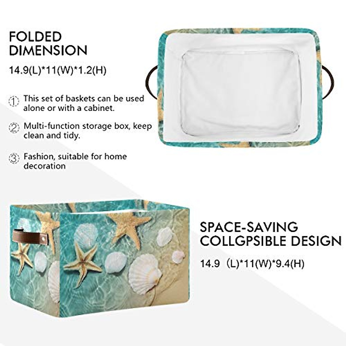 Storage Basket Sea Beach Starfish Seashell Rectangle Foldable with Leather Handle Nursery Storage Bins Boxes Cube Organizer for Children Toys Books Clothes Home Bedroom