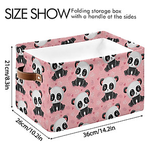 Pink Pandas Hearts Storage Basket Storage Organizer Box Bin Large Collapsible Cube Baskets with PU Handles for Shelf Closet Nursery Laundry 1 Pack