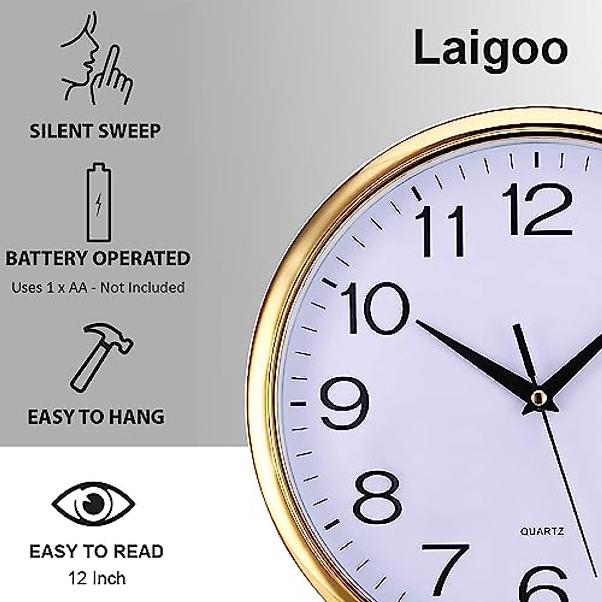 LAIGOO 12 inch Gold Wall Clock Analog, Silent Non-Ticking, Decorative Modern Wall Clock Battery Operated for Living Room Bathroom Bedroom Kitchen Office School