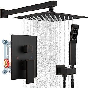 gotonovo Rainfall Bathroom Shower System Rain Shower Head and Handle Set Wall Mounted Shower Complete Combo Solid Brass Pressure Balancing Shower Mixer Valve 12 Inch Oil Rubbed Bronze