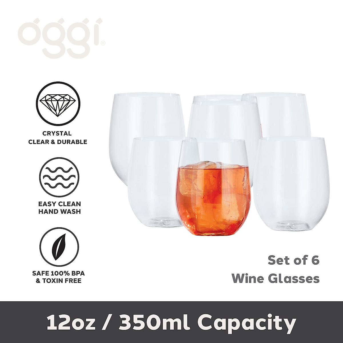 Oggi Unbreakable Wine Glasses, Set 6 - Elegant Reusable Plastic Wine Cups, Stemless Wine Glass Tumbler Design, Shatterproof Plastic, Ideal for Indoor and Outdoor Use, Recyclable - 12oz / 350ml