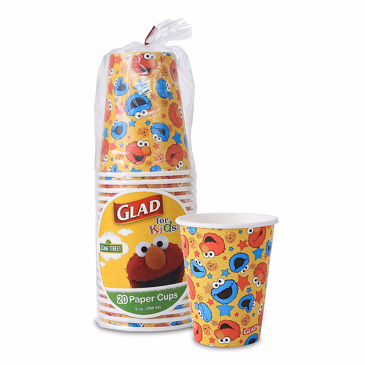 Glad for Kids Sesame Street Elmo & Cookie Monster Paper Cups | Elmo & Cookie Monster Cups with Stars, Kids Drinking Cups | Sesame Street Friends Paper Cups for Everyday Use, 9 oz Paper Cups 20 Ct