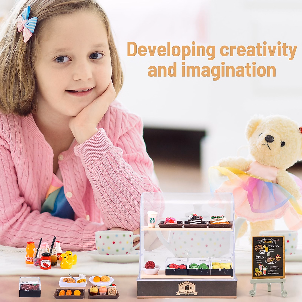 86 Pieces Miniature Bakery Case Cake Stand Display Cabinet with Food Set Mini Plastic Counter Dessert Donuts for 1:12 Doll House Store Scene Decoration Gift Dollhouse Bread Shop Model Playhouse