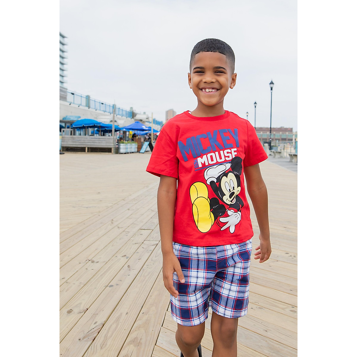 Disney Toddler Boys' Mickey Mouse Plaid Short Set with T-Shirt, Red, 3T