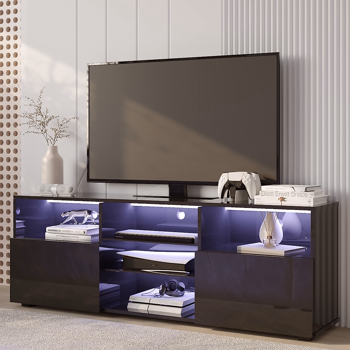 LED TV Stand for 50/55 inch TV, Television Table Center Media Console with Drawer and Led Lights, High Glossy Modern Entertainment Center for Living Game Room Bedroom, Black