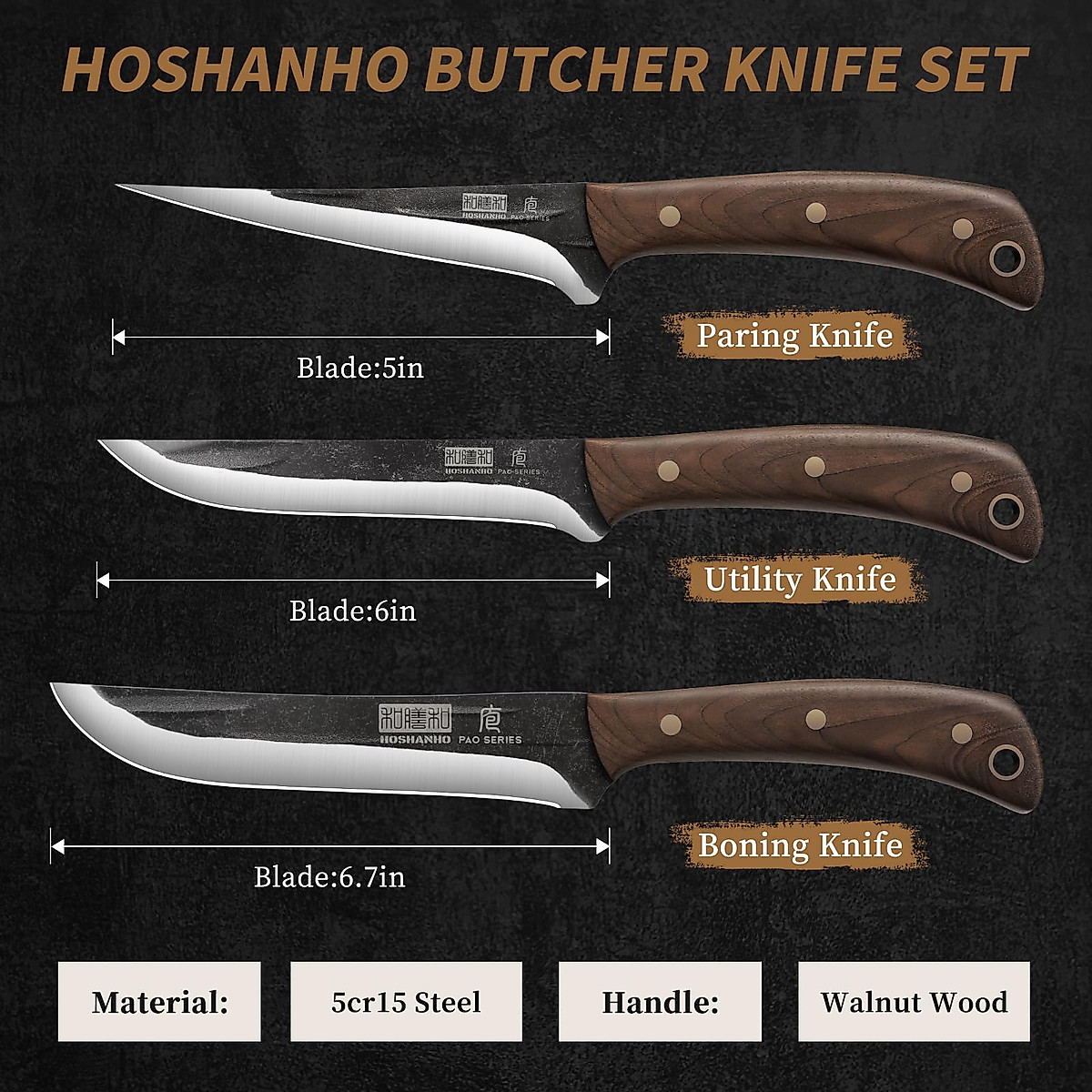 HOSHANHO Butcher Knife Set 3-Piece, Super Sharp Hand Forged Knife Set, Fillet Knife & Dividing Knife & Paring Knife, Upgraded High Carbon Stainless Steel Meat Cutting Knife Set for Home, Outdoor
