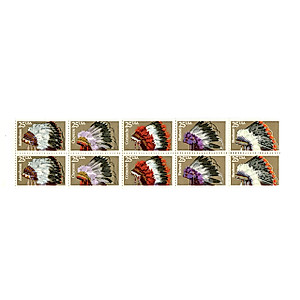 1990 INDIAN HEADDRESSES #2505a Booklet Pane of 10 x 25 cents US Postage Stamps