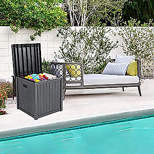 Goujxcy 51 Gallon Indoor/Outdoor Deck Box,Plastic Storage Box Waterproof Storage Container Organization for Patio Furniture,Garden Tools and Pool Toys, Storage bench seating (Wood-Look Design)