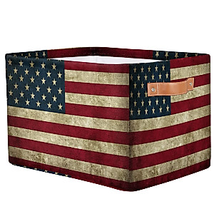 Storage Basket American USA Flag, Large Foldable Organizer Storage Bins for Shelves, Sturdy Canvas Cubes Storage Boxes with Handles for Toys Closet Nursery Office Living Room 15" x 11" x 9.5"