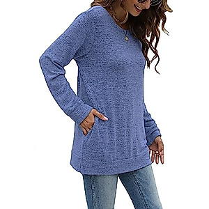 LERUCCI Women's Casual Loose Fall Sweatshirt Long Sleeve Crewneck Pullover Side Split Tunic Tops With Pockets Blue XL