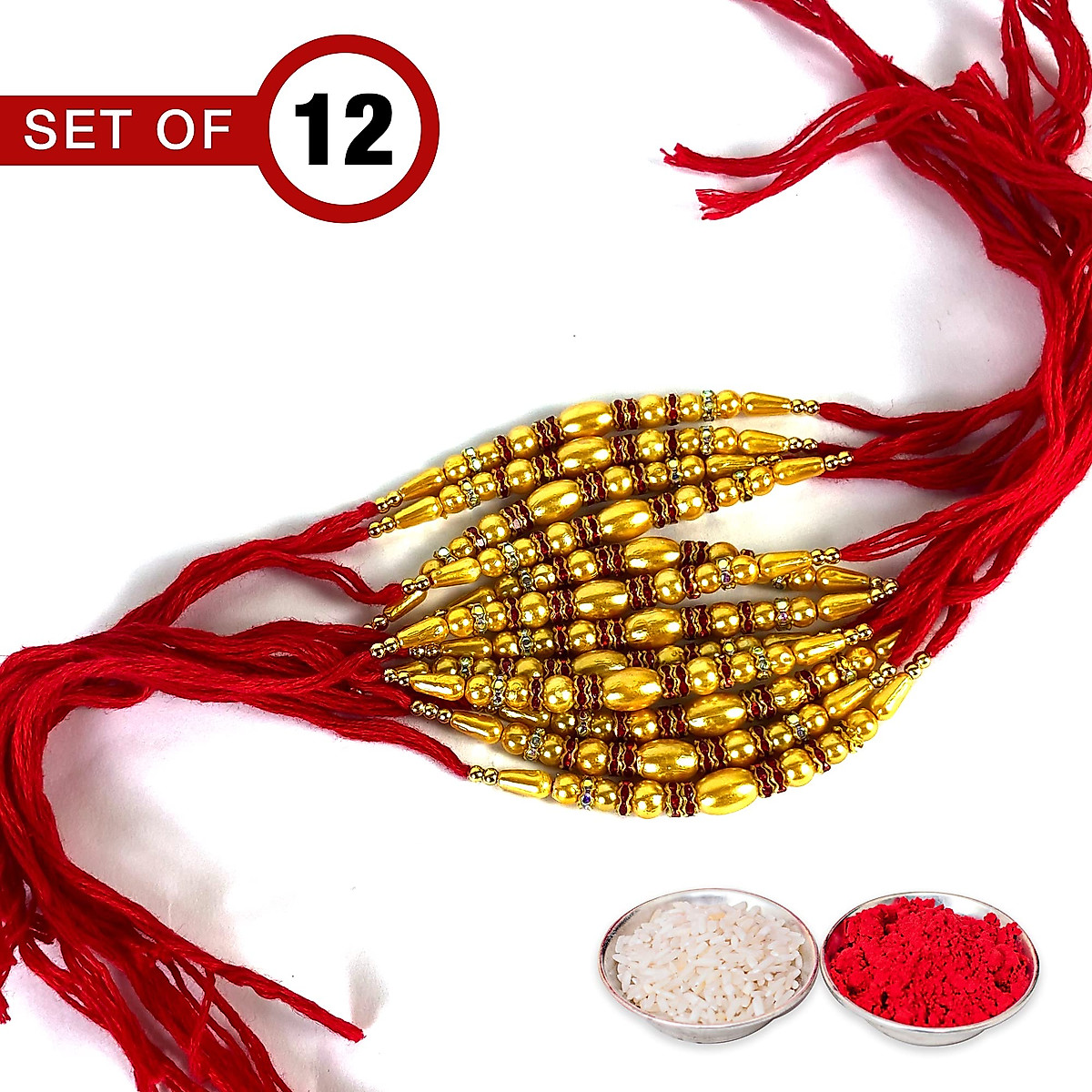 KSJONE Set of 12 Rakhi for Brothers Moti, Beads Ring Diamond Design Rakhi Traditional Handmade Rakhi Set with Roli Chawal, Indian Festive Rakshabandhan Bro Bracelet Thread Rakdi Rakhee Gift Set