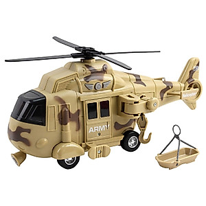 Vokodo Military Helicopter 11" With Lights Sounds Push And Go Includes Rescue Basket Durable Toy Friction Power Kids Army Soldier Chopper Pretend Play Truck Great Gift For Children Boys Girls Toddlers