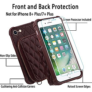 MONASAY Zipper Wallet Case for iPhone SE 2022/2020/8/7,[Glass Screen Protector ][RFID Blocking] Flip Leather Handbag Phone Cover with Card Holder & Crossbody Lanyard Strap, Burgundy