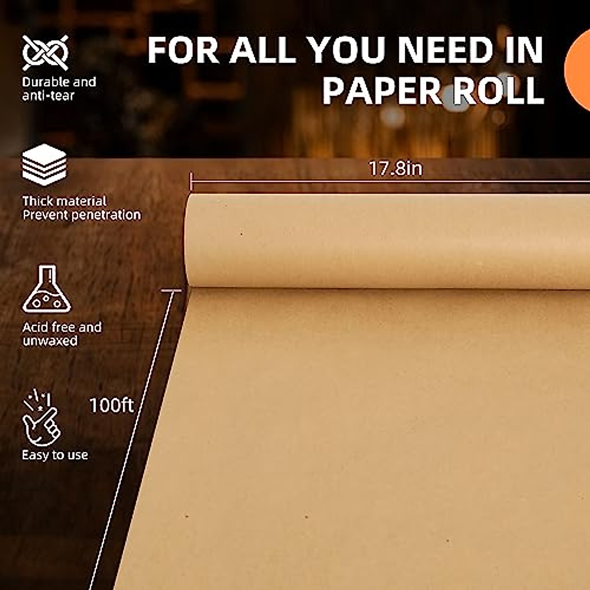 Wrapping Paper, Craft Paper, White Kraft Paper Roll 17.8"x 100ft for Gift Wrapping, Floor Covering, Bulletin Board, Arts Crafts, Bouquet Flower, Table Runner, Poster, Packing Paper for Moving Supplies (Brown)