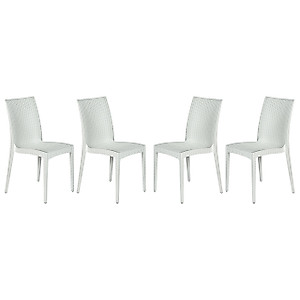LeisureMod Hickory Indoor-Outdoor Modern Weave Design Stackable Dining Side Chair Set of 4 (White)