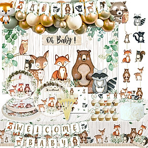 HEETON Woodland Baby Shower Party Supplies Decorations Fox Balloon Oh Baby Woodland Welcome Baby Banner Creatures Fawn Animal Friends Garland Backdrop Cake Cupcake Topper for Girl Boy Gender Reveal