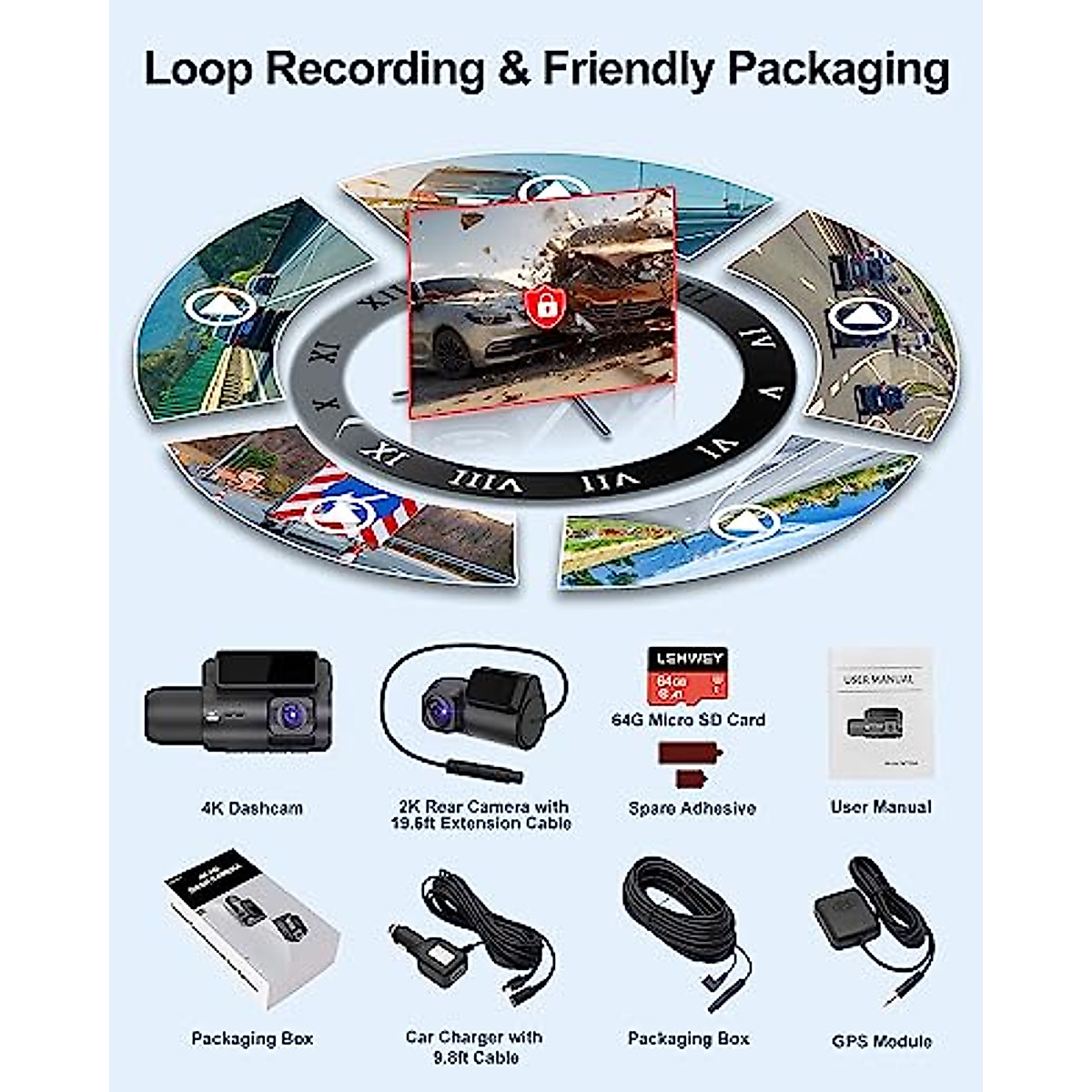 Dash Cam Camera For Cars Dashcam - Lehwey 3 Channel Dash Camera 4k 2160P+1440P+1080P Front Rear Inside, Built in WiFi GPS, With 64GB Card, Night Vision, G-Sensor Parking Mode, 170°Angle Loop Recording