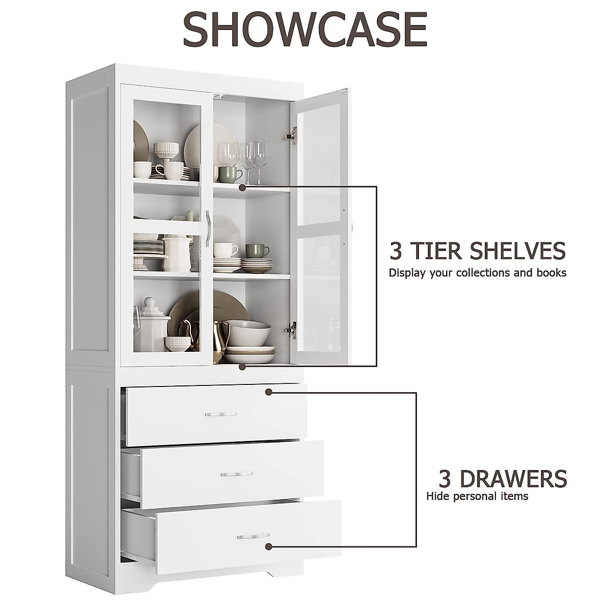 FOTOSOK White Kitchen Pantry Cabinet, 67’’ Tall Storage Cabinet with 2 Tempered Glass Doors, Modern Kitchen Cupboard, Bathroom Storage with 3 Shelves and 3 Drawers for Home Office