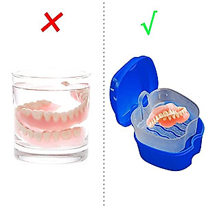 OBTANIM 2 Pack Denture Bath Cup Case Box Holder Storage Soak Container with Strainer Basket for RetainersTravel False Teeth Cleaning (White, Blue)