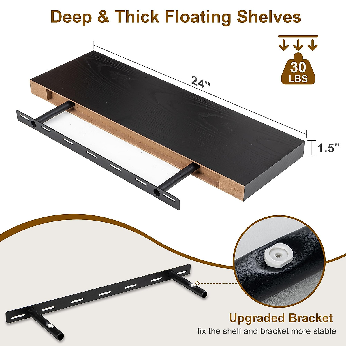Fun Memories Floating Shelves for Wall, 24Inch Floating Shelves Set of 2, Hanging Shelf with Invisible Brackets, Wood Shelves for Living Room, Bedroom, Kitchen, Black