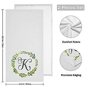 Oreayn Monogrammed Hand Towel for Bathroom Kitchen Beach Polyester Cotton Set of 2 Green Leaves Frame Wreath Fingertip Towel Soft Absorbent 28.3 x 14.4 Inch, Monogram Letter K