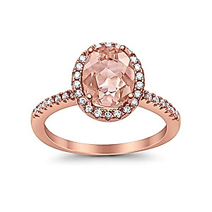 Blue Apple Co. Solitaire Engagement Ring Halo Oval Simulated Morganite Round Cubic Zirconia Rose Tone 925 Sterling Silver, Size - 6