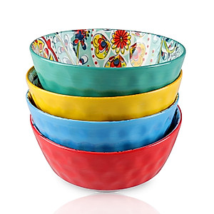 HSOFBLUES Soup Bowls 24 oz Ceramic Floral Bowl Set of 4 for Soup Salad Ramen Rice, Assorted Vibrant Colors Microwave Dishwasher Safe