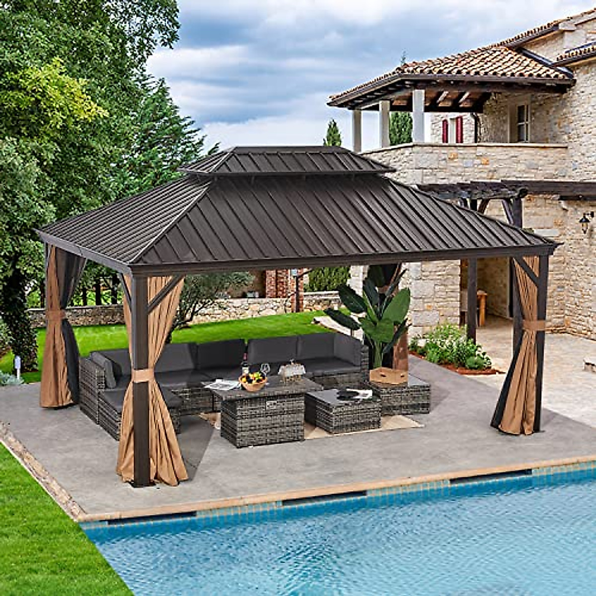 Breezestival 12' x 16' Gazebo, Hardtop Gazebo with Galvanized Steel Roof, Double Roof Gazebo with Aluminum Frame, Outdoor Gazebo with Curtains and Nettings, Sunshade for Gardens, Lawns, Deck