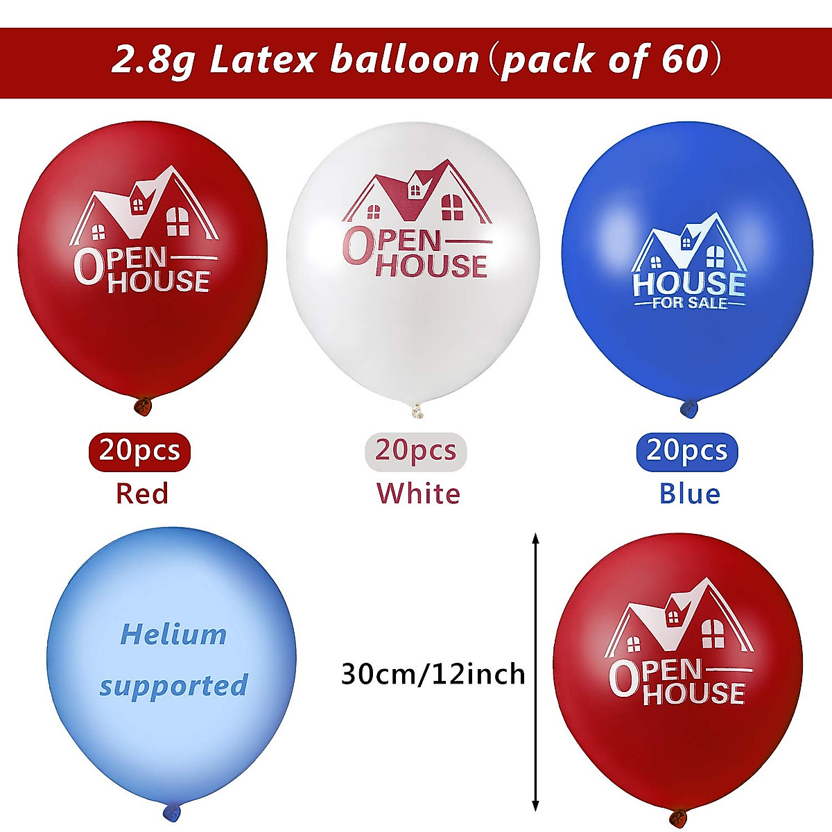 Gejoy 60 Pieces Open House Balloons House for Sale Balloons 12 Inches Latex Balloons for Real Estate Balloons Supplies Signs for Open House Yard Sign House Signs