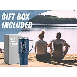 Onebttl Lake House Gifts, Lake Gifts for Women, Men, 40oz Insulated Travel Cup with Handle Lake Life Gifts, Housewarming Gifts for Lake House, Gifts for Lake Lovers, Blue - Life Is Better at the Lake