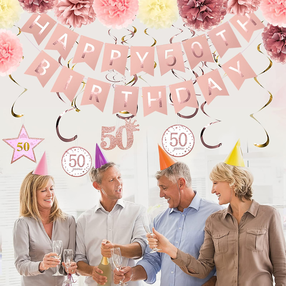 Rose Gold 50th Birthday Party Decorations , Rose gold Glittery Happy 50th Birthday Banner,Poms,Sparkling Hanging Swirls Kit for 50th Birthday Party Supplies