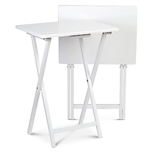 PJ Wood Lightweight Rectangle Solid Wood Construction Multifunctional Folding Table Tray with Compact Storage Rack, White, 2 Piece Set