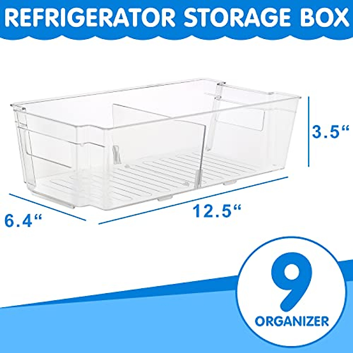 HERKKA Plastic Storage Organizer Container Bin with Dividers for Bathroom, Pantry, Kitchen Cabinet, Fridge, Office and Home Organization - 9 pack - 12.5 inch - Clear