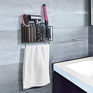 MyGift Wall Mounted Hair Styling Tools Holster Rack - Industrial Matte Black Metal Wire Hair Dryer Holder, 3 Compartments and Hand Towel Bar