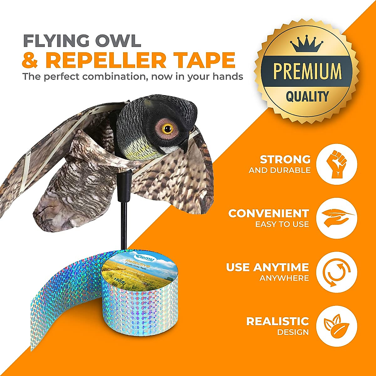 Elemu Owl Scarecrow Natural Moving Wings Plus Reflective Scare Tape ...