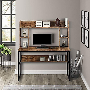 Home Office Desk, 47 inch Modern Simple Style Laptop Table, Multipurpose PC Workstation, Computer Desk with Hutch and Bookshelf