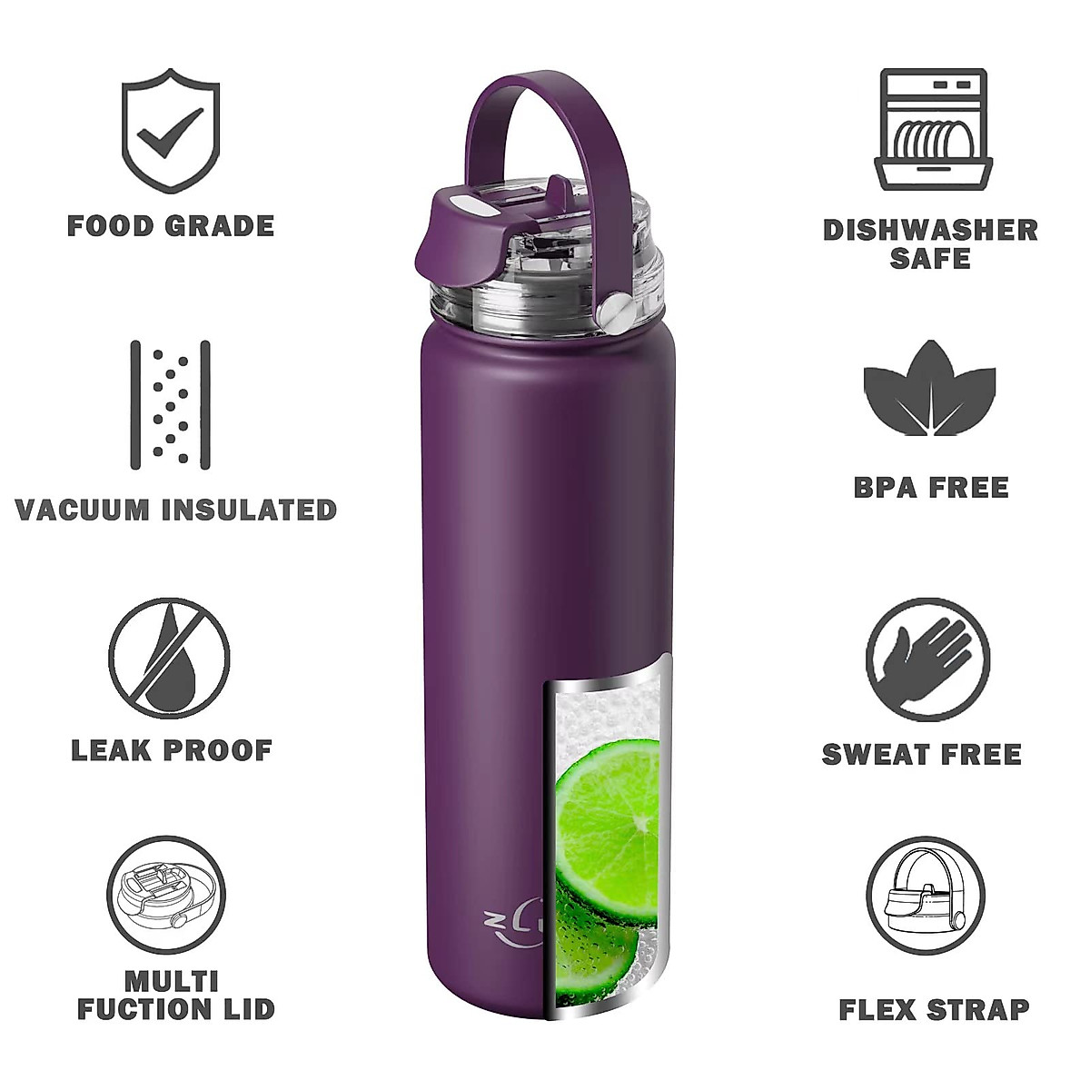 ZLINS 22oz Insulated Water Bottle with Dual Use lid(Straw Sip and Flip Drink), Leak Proof Stainless Steel Thermos Cup for Sports and Travel, Double Walled Vacuum Flask, Keep Cold or Hot(Purple)
