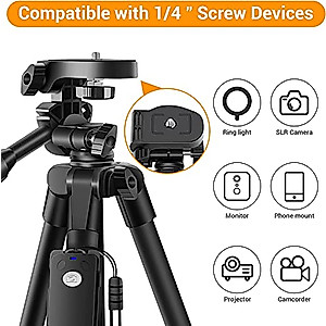 60" Camera Tripod with Travel Bag,Cell Phone Tripod with Remote,Professional Aluminum Portable Tripod Stand with Phone Tripod Mount&1/4”Screw,Compatible with Phone/Camera/Projector/DSLR/SLR