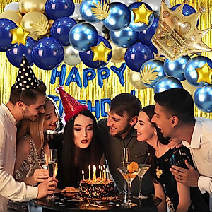 Gold and silver blue Birthday Party Decoration Set，Including Happy Birthday Banner, Balloons, Metallic Fringe Curtain, Golden Crown, Suit Perfect For Girls or Boys, Men or Women Birthday Party