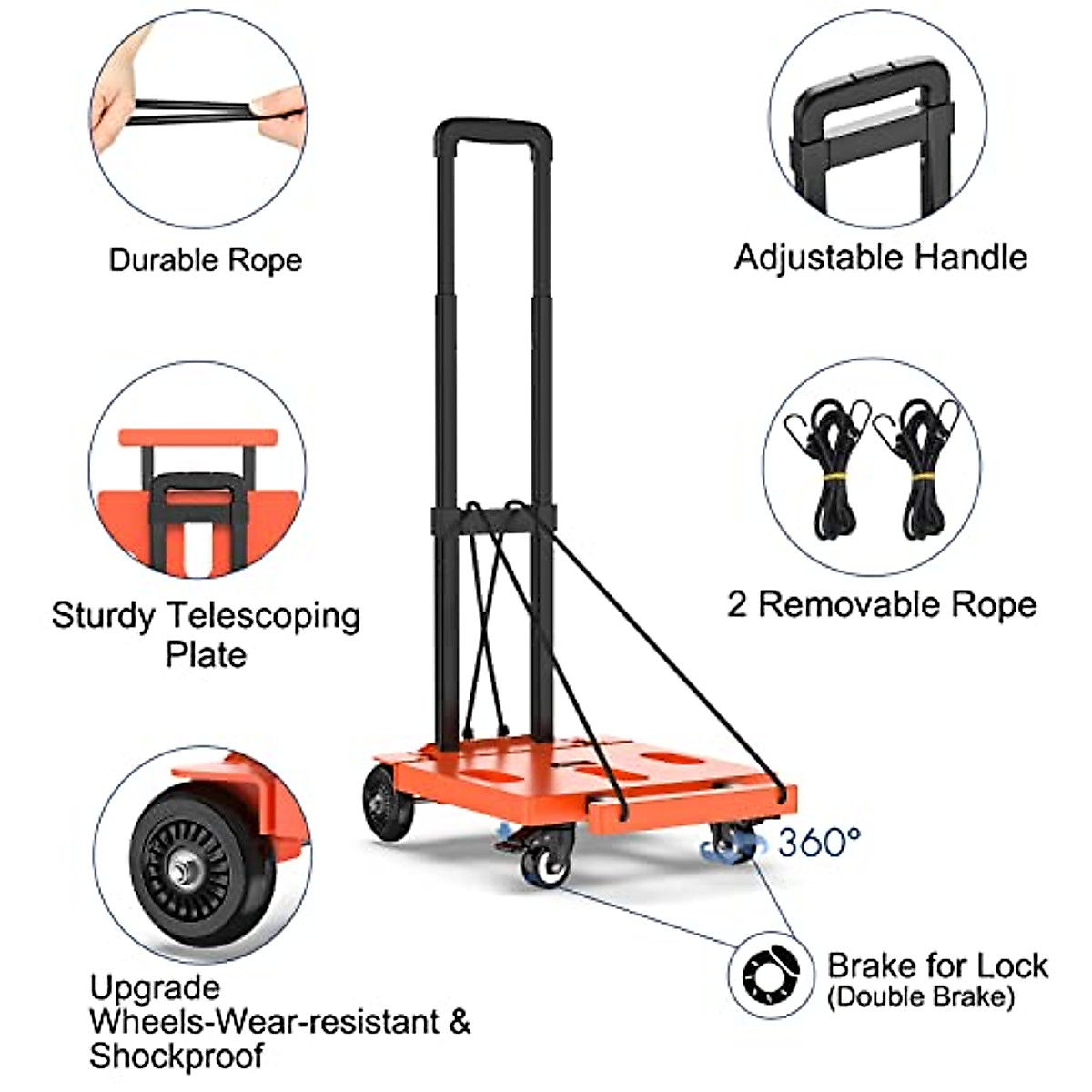 SPACEKEEPER Foldable Hand Truck Dolly, 265 LB Folding Luggage Cart with Wheels, Portable Flatbed Cart Collapsible Hand Truck for Luggage, Travel, Moving, Shopping, Office Use, Orange