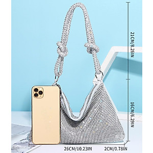 RichCoco Rhinestone Evening Purses for Women Hobo Bags Chic Sparkly Crystal Cluth Purse Bling Shiny Handbag for Party Club (Silver)