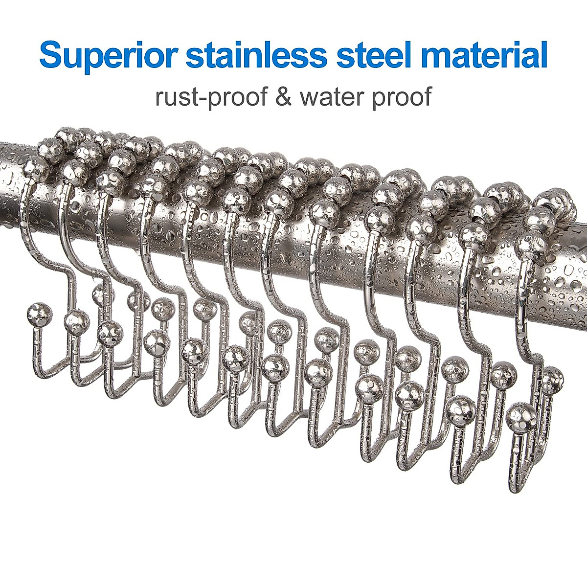 TOPROD Shower Curtain Hooks Rings, Double Sided Shower Curtain Hooks, Stainless Steel Shower Hooks Rust Proof for Bathroom Shower Curtain Rod Curtains, Free Gliding, Brushed Nickel, Set of 12