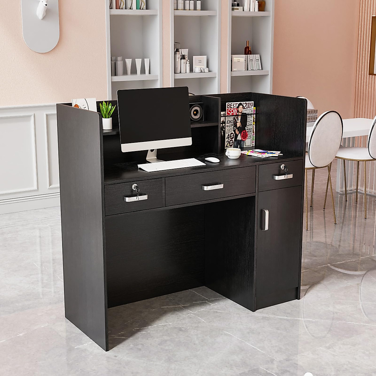 LEADZM H-Shaped Reception Desk with Counter, Front Desk with Lockable Drawers & Adjustable Shelf, Retail Checkout Counter for Beauty Salon Office (Black)