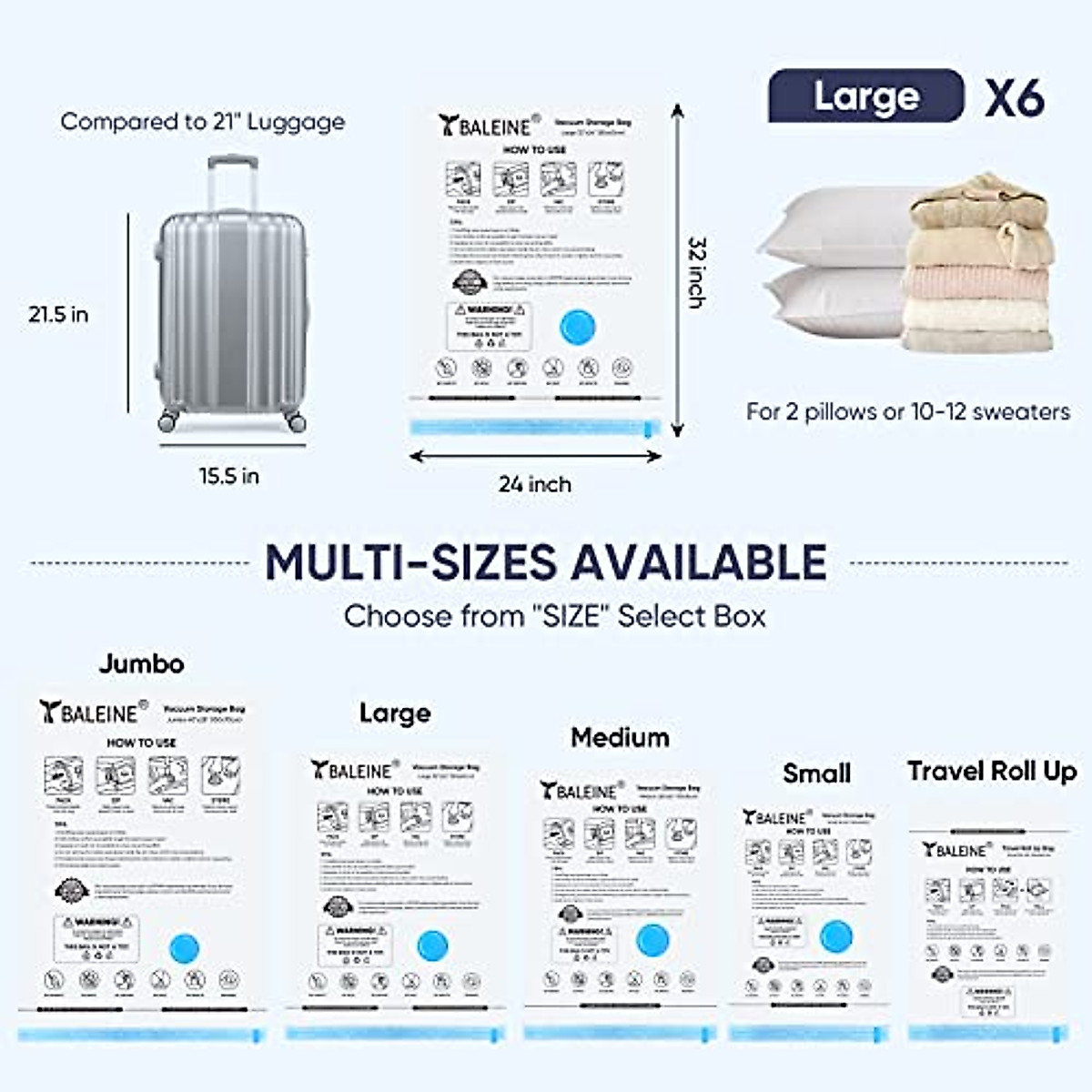 BALEINE Vacuum Storage Bag Space Saving Compression Sealer Bags for Moving, Hand Pump Included (Large 6 Pack)