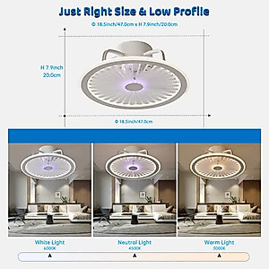 JTfany Ceiling Fans with Lights and Remote 18 Inch Flush Mount Ceiling Fan with Remote Dimmable 3 Speeds Low Profile Ceiling Fan RGB Bladeless Ceiling Fan Quiet Ceiling Fans for Bedroom Kidsroom