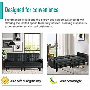 SAMERY Futon Sofa Bed Couch and Sleeper Sofas for Living Room, Faux Leather Convertible Folding Sofa Bed Couch and Loveseat for Small Space with Side Pockets Armrest and Sturdy Legs