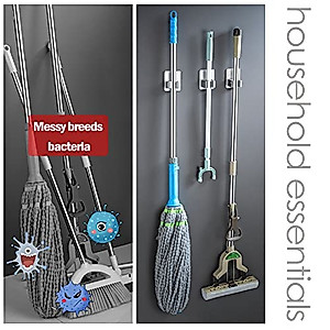 Mop and Broom Holder Organizer Hanger Garage Tool Shelving Organization and Storage Hooks Racks Wall Mount, 4 Pks Self Adhesive